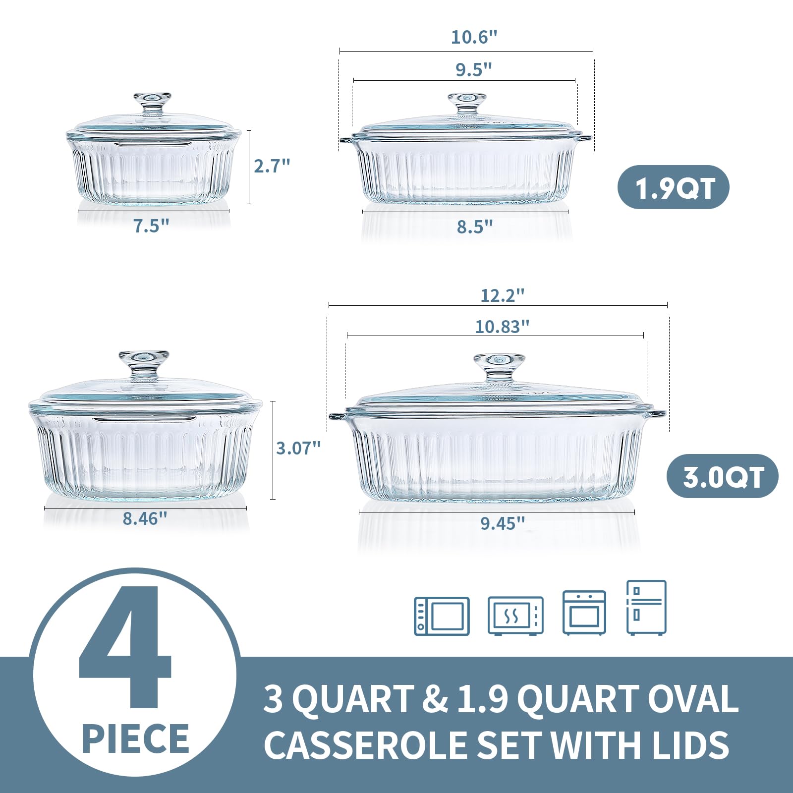 M MCIRCO 4-Piece Glass Casserole Baking Dish, Set of 2 Casseroles With Glass Lids, 1.7 Qt and 2.5 Qt, Round