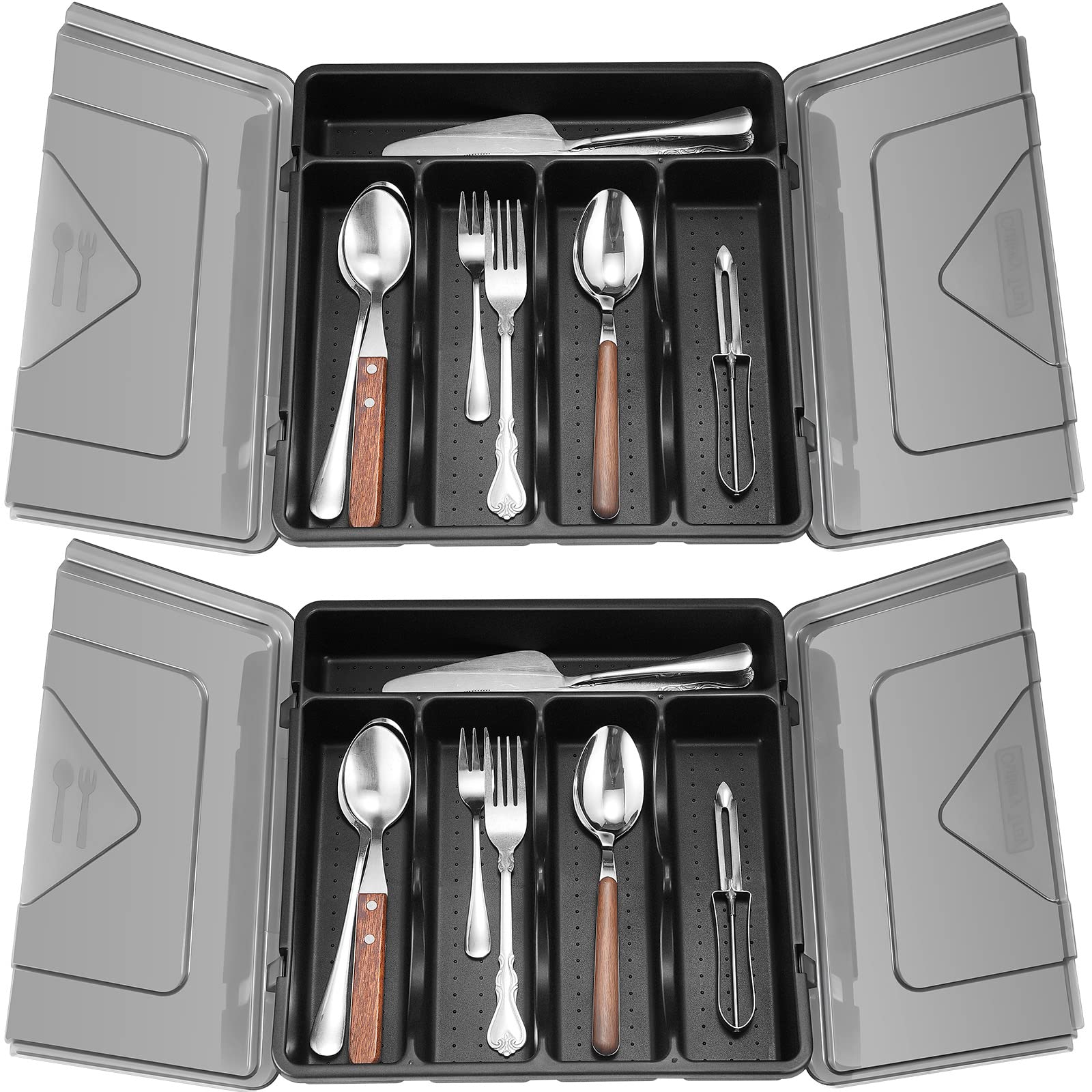Geetery 2 Pcs Large Silverware Organizer with Lid, 5 Compartments Utensil Holder for Countertop Drawer Plastic Anti Slip Cutlery Tray Flip Cover Silverware Tray with Lid Flatware Organizers, Black