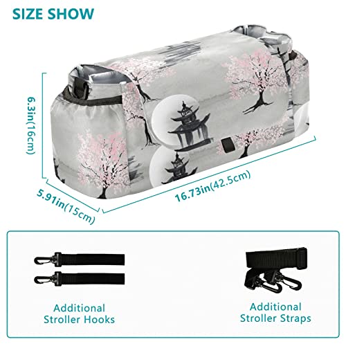 Kigai Cherry Blossom Trees Pagoda Baby Stroller Organizer with Cup Holders, Secure Hooks Accessories Adjustable Strap Stroller Bag for Bottle, Diaper, Phone, Toys, Baby Items