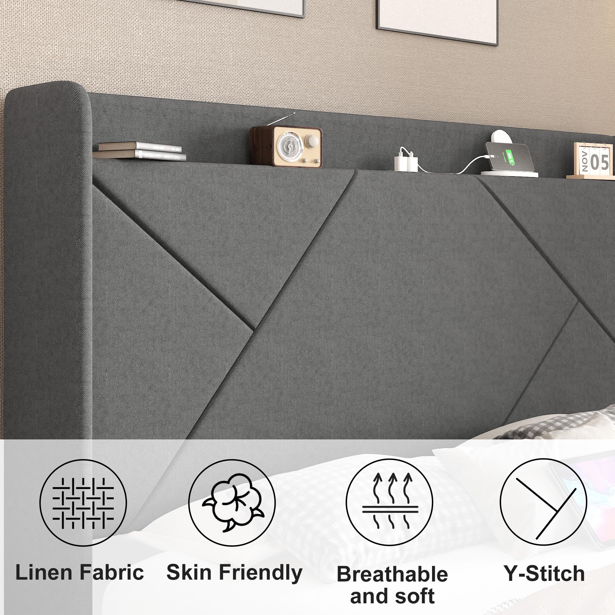 Fluest Queen Bed Frame with Headboard Storage Upholstered Wingback Headboard Built-in Charging Station USB Ports Wooden Slats Support,No Box Spring Needed,Mattress Foundation,Dark Grey