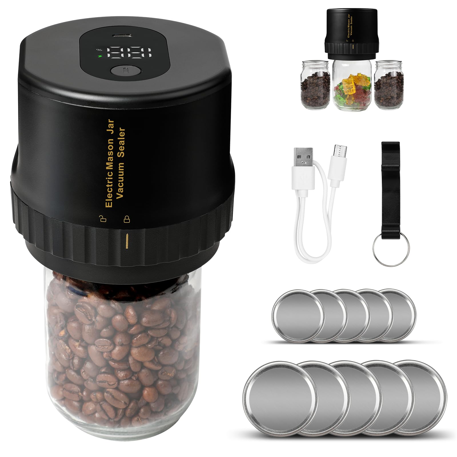 M MUGOOLER Vacuum Sealer Electric Mason Jar Sealer Vacuum Sealing Kit for Canning with Can Opener, Medium and Large Sealing Caps