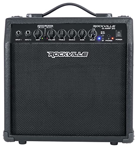 Rockville G 20 Watt Guitar Amplifier Dual Input Combo Amp Bluetooth/Delay, Black