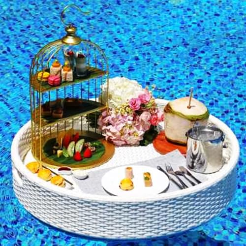 Floating Tray Floating Serving Tray Round Rattan Woven Swimming Pool Floats for Pool Serving Drinks, Brunch, Food On The Water,Brown (Color : White)