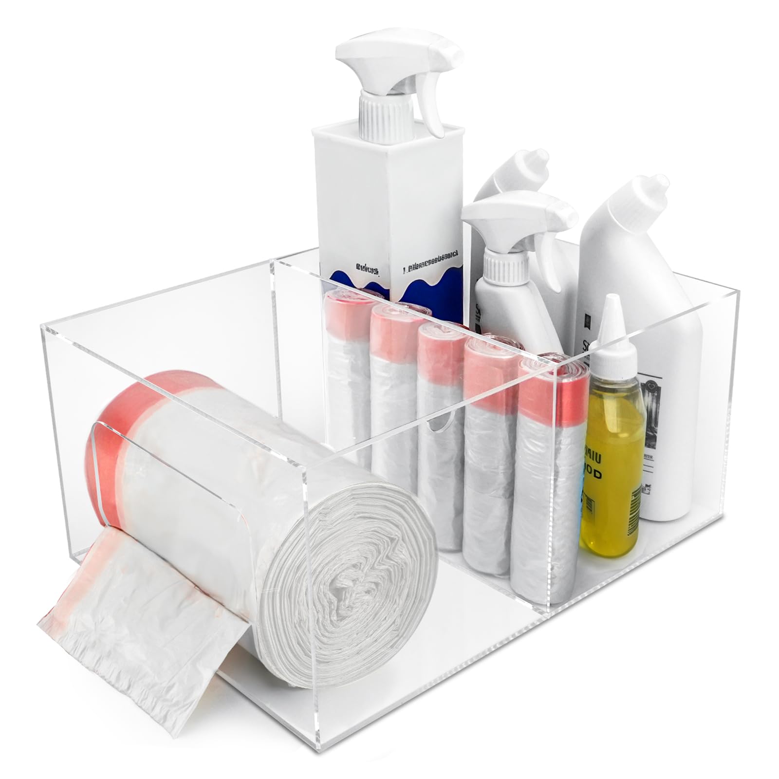 JYPS 2 in 1 Extra Large Trash Bag Holder, Acrylic Under Sink Trash Bag Organizer for 13 30 33 Gallon Garbage Bag, Trash Bag Dispener for Kitchen Laundry Room Organization and Storage