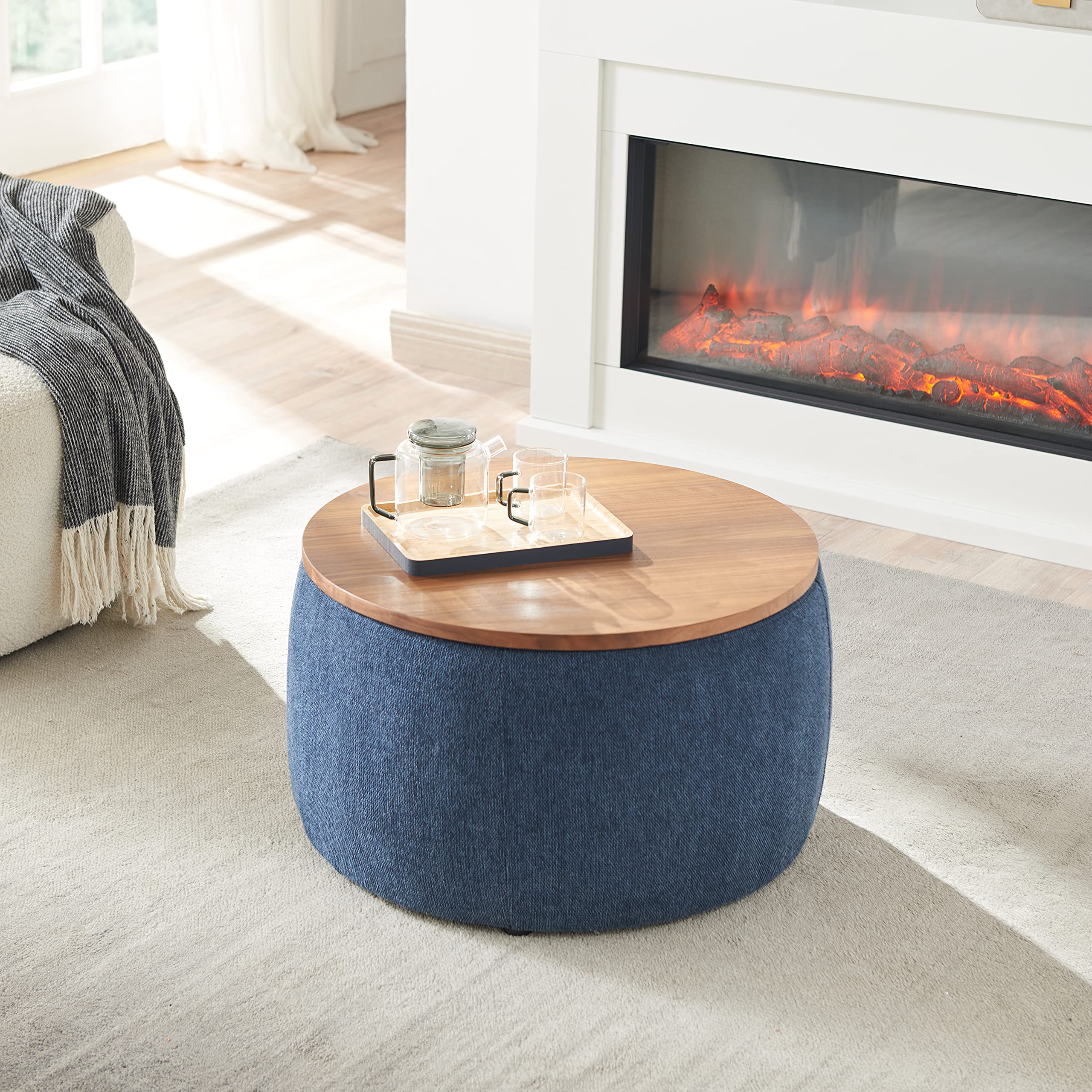 DKLGG Round Storage Ottoman Set of 2, Ottoman Coffee Table for Living Room, Handmade Round Ottoman Table with Storage End Table Ottoman Foot Rest Stool with Wooden Lid for Bedroom