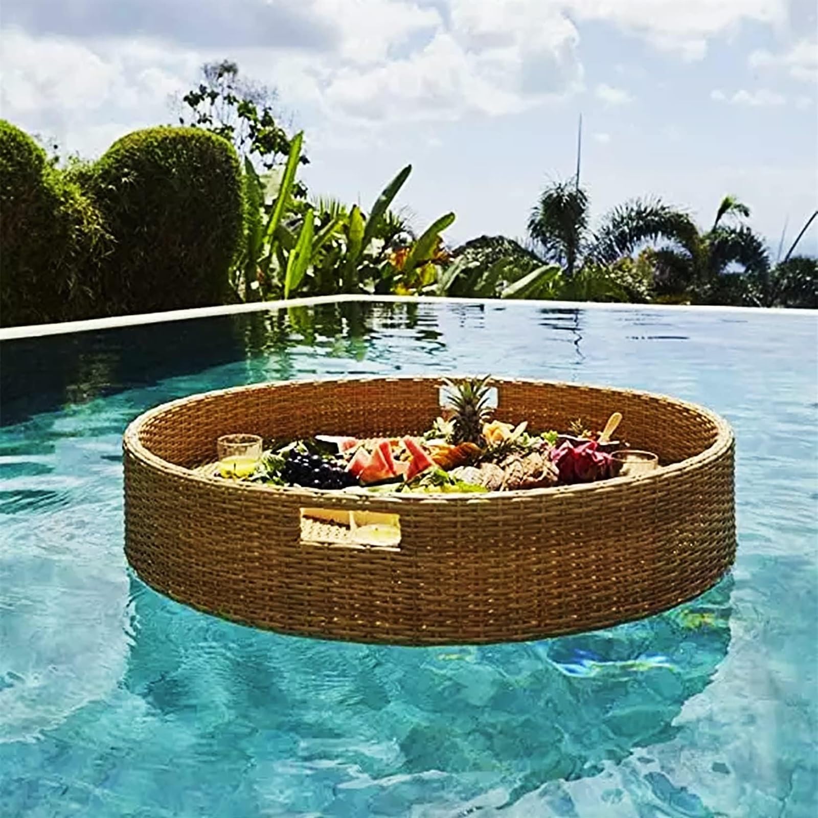 Floating Tray Floating Pool Tray Round Rattan Woven Serving Tray, for Breakfast, Drinks, Snacks, Coffee Table, Home Decorative