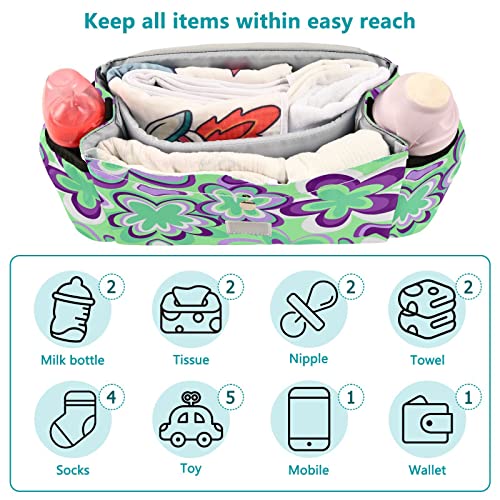 Kigai Retro Daisy Flowers Baby Stroller Organizer with Cup Holders, Secure Hooks Accessories Adjustable Strap Stroller Bag for Bottle, Diaper, Phone, Toys, Baby Items