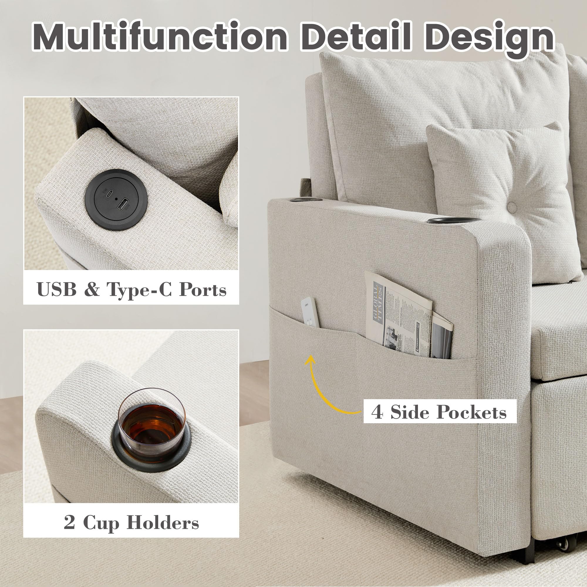 Krcix 3 in 1 Sleeper Sofa Bed, 56 Inch Convertible Loveseat Sofa, Pull Out Couch Bed with Storage Pockets, Cup Holders, USB – Sofa Cama for Living Room, Bedroom, Apartment, Beige