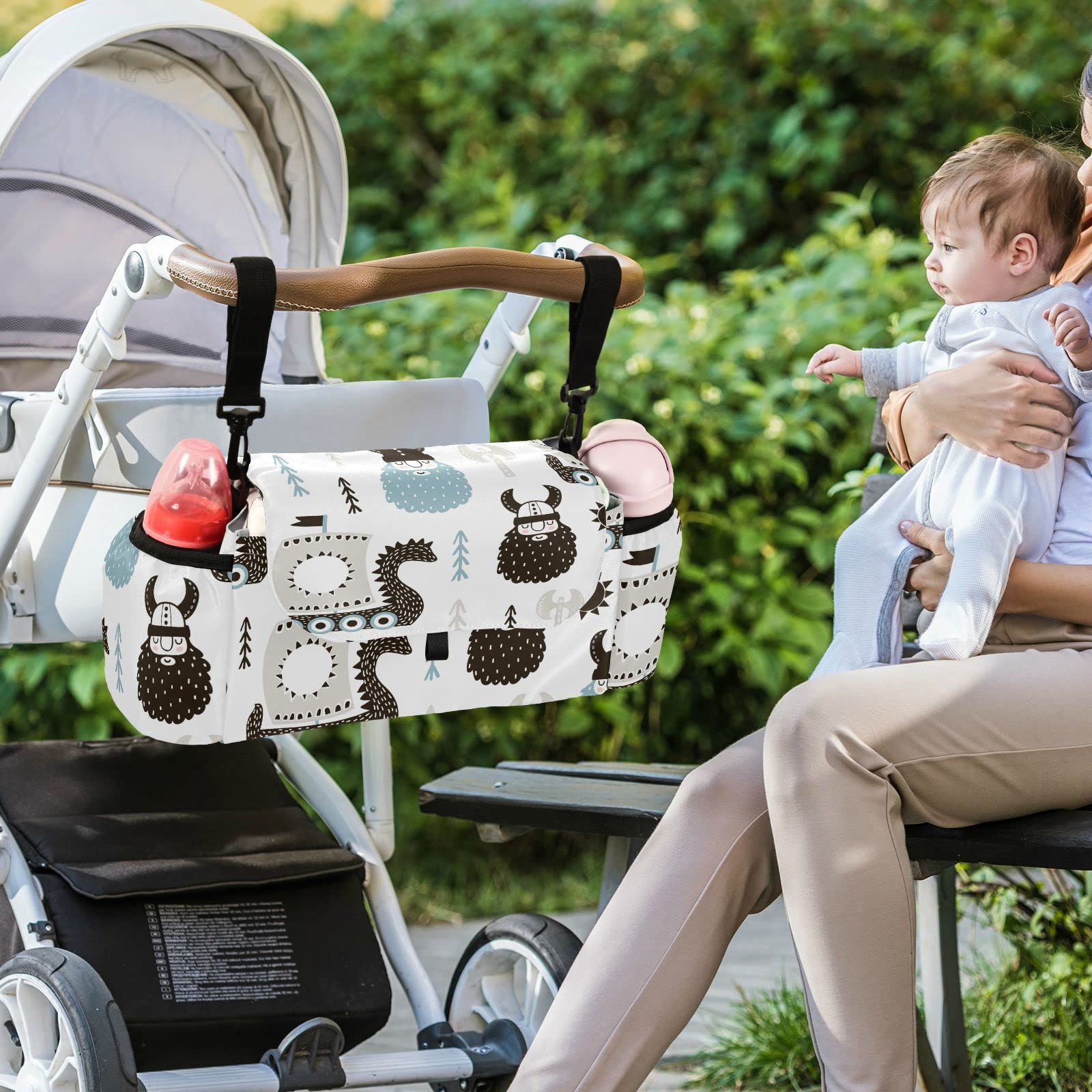 Kigai Viking Boat White Baby Stroller Organizer with Cup Holders, Secure Hooks Accessories Adjustable Strap Stroller Bag for Bottle, Diaper, Phone, Toys, Baby Items
