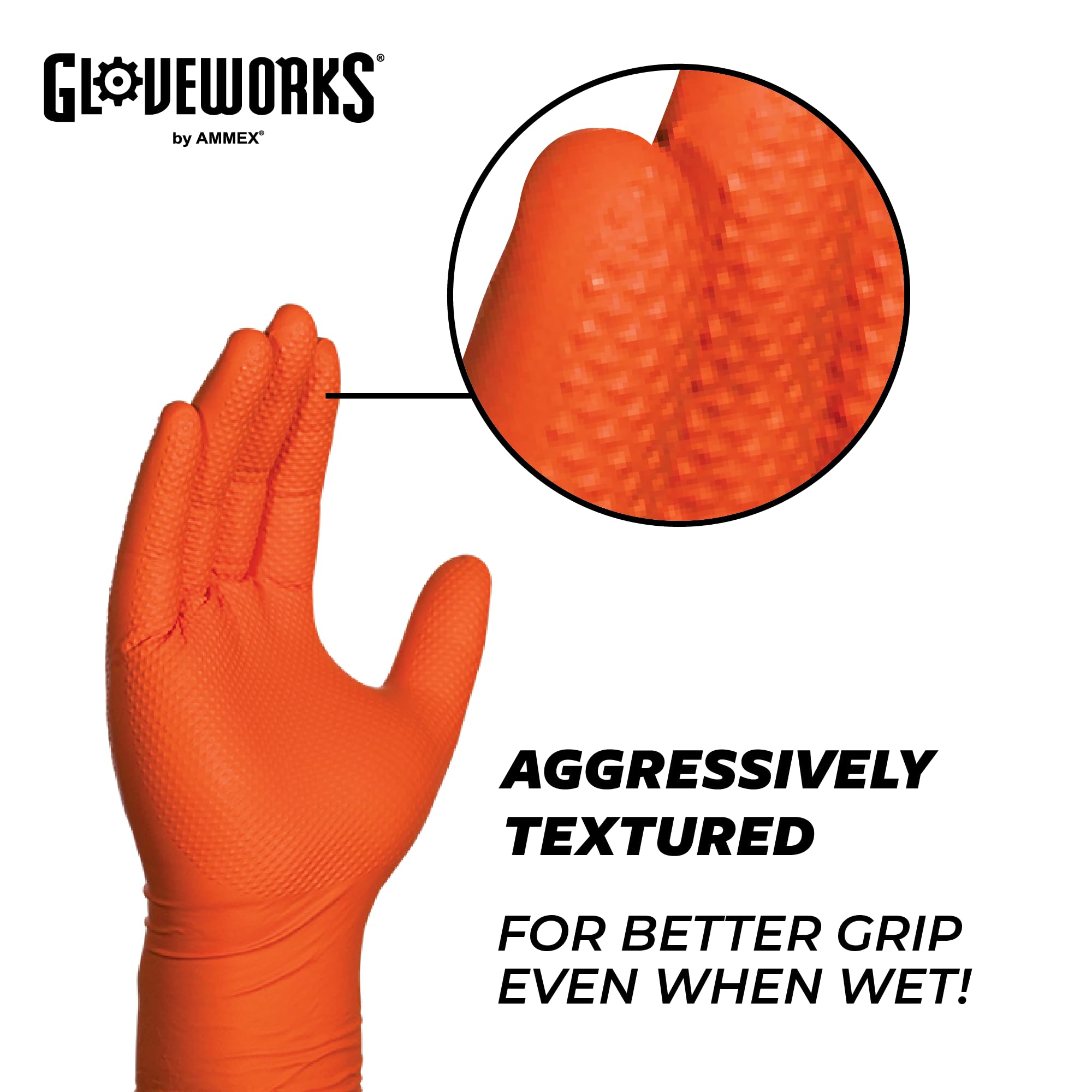 GLOVEWORKS HD Orange Nitrile Industrial Disposable Gloves, 8 Mil, Latex-Free, Raised Diamond Texture, Large, 2 Boxes of 100