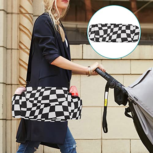Kigai Y2k Curvy Chessboard Baby Stroller Organizer with Cup Holders, Secure Hooks Accessories Adjustable Strap Stroller Bag for Bottle, Diaper, Phone, Toys, Baby Items