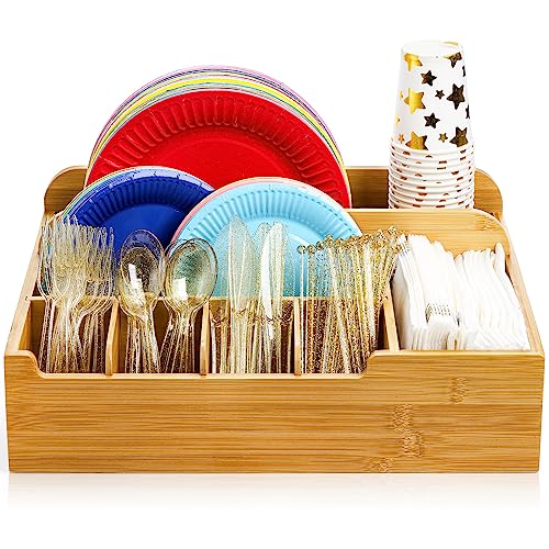 Frcctre Bamboo Utensil Caddy Organizer for Countertop, 8 Compartment Paper Plate Holder, Adjustable Utensil Holder Silverware Organizer Cutlery Organizer Box for Plate, Cup, Fork, Spoon, Napkin