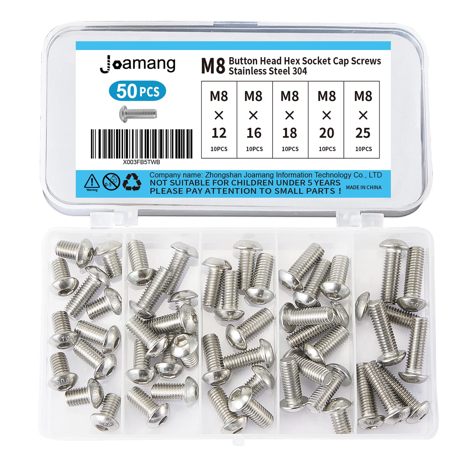 Joamang M8 x 12mm 16mm 18mm 20mm 25mm Button Head Socket Cap Screws Bolts, Stainless Steel 304, Metric Allen Hex Drive, Bright Finish, Fully Threaded, Assortment Kit 50PCS