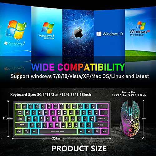 ZIYOU LANG T61 Wireless Gaming Keyboard and Mouse Combo with Ergonomic 61 Key Rainbow LED Backlight Anti-ghosting Mechanical Feel Rechargeable 4000mAh Battery Mouse Pad for PC MAC Gamer Typists(Black)