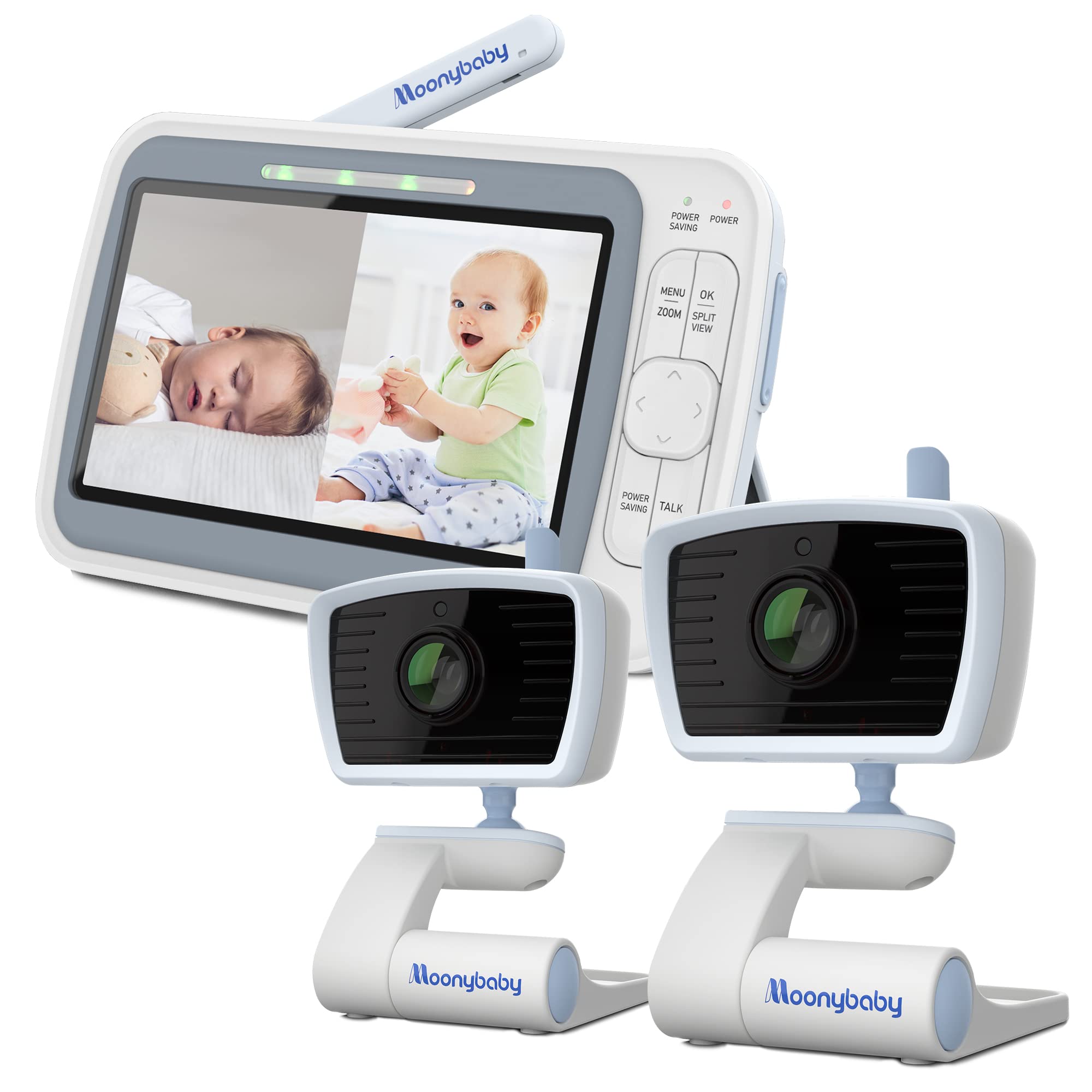 Moonybaby 5" HD Low EMF Baby Monitor with 2 Cameras, Long Range No WiFi, Auto Noise Reduce, Split Screen, 2-Way Audio, Lullaby, Auto Night Vision QV40
