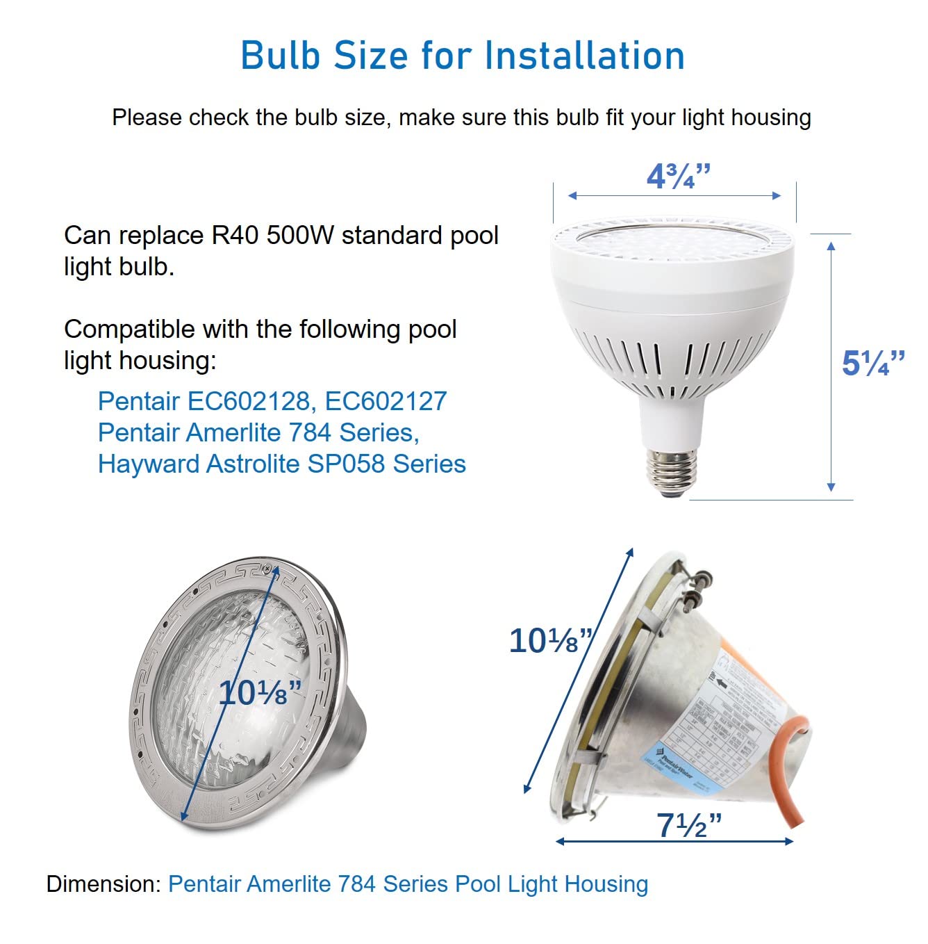 TOVEENEN LED Pool Light Bulb 120V 60W 6000lm High Bright White 6500K Pool Bulb Replacement for Pentair Hayward Inground Pool