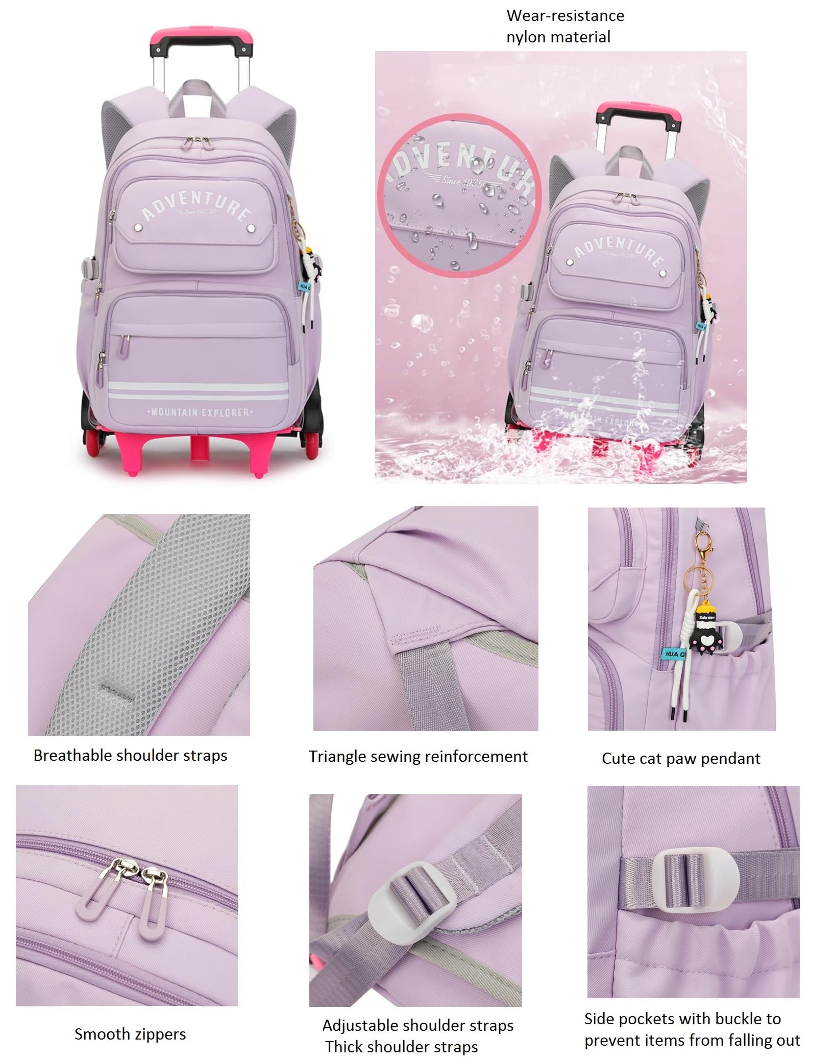 ETAISHOW Rolling Backpack for Girls Wheeled Bag Kids Trolley School Bag Roller Bookbag with Wheels Water-Resistant