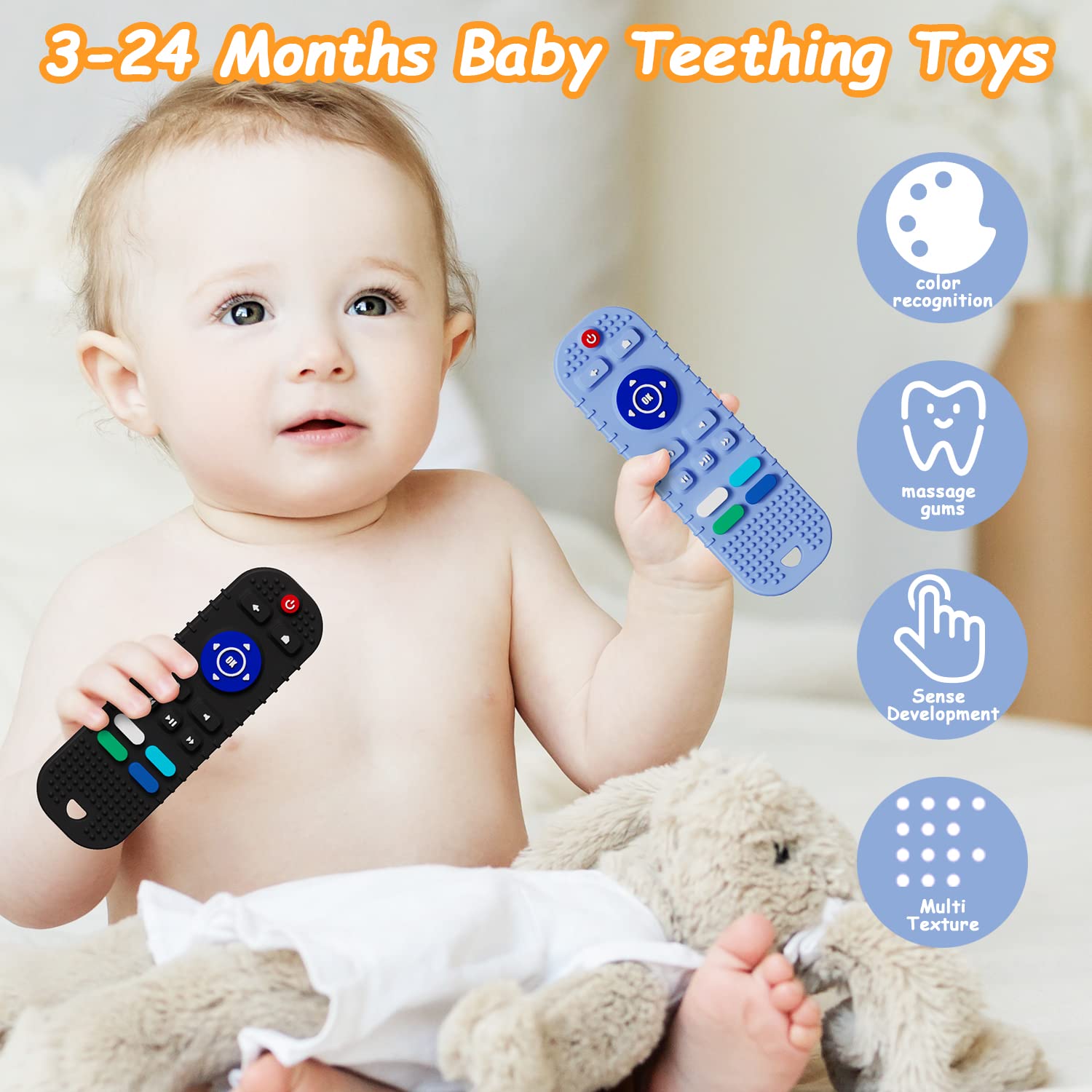 Mgtfbg 2 Pack Soft Silicone Teething Toys for Toddlers, Babies 6-12 Months - Boys Girls Baby Molar Teether Chew Toys Set, Remote Control Shape Teething Toys Gift(Blue+Black)