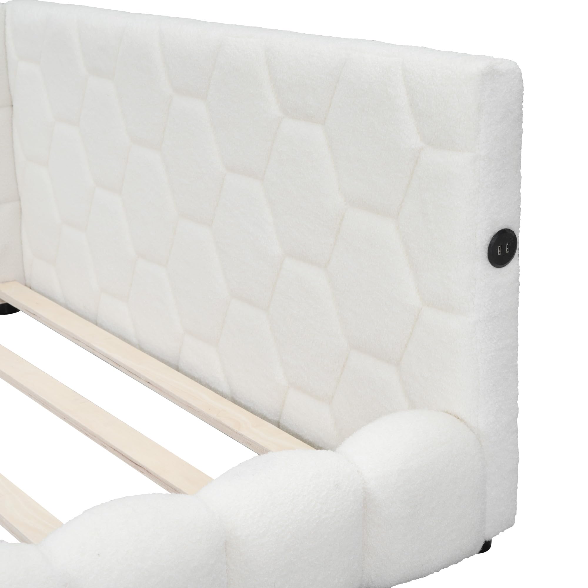 DNYN Upholstered Full Size Daybed with USB Port & Led Design,Teddy Fabric Platform Bed w/Wood Slat Support & No Box Spring Needed & Easy Assembly,Perfect for Bedroom,Livingroom,Guest Room, White