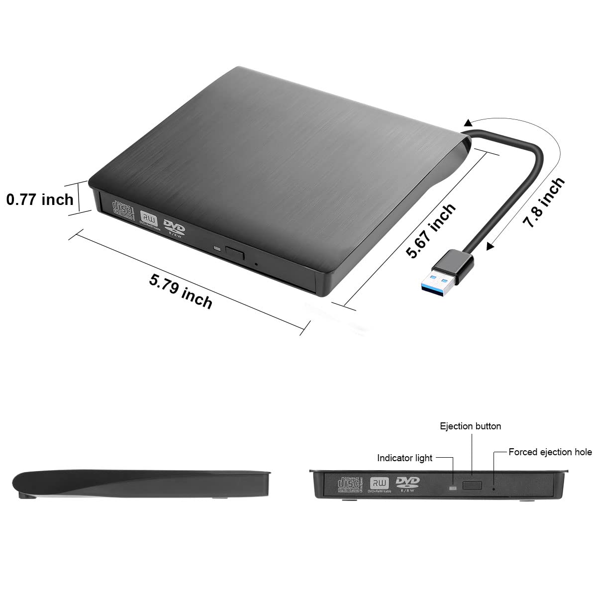 intendvision External CD DVD Drive USB 3.0 Portable Fits for DVD-R DVD-RW DVD+R DVD+RW DVD-ROM, DVD Player, CD Burner Black for PC Laptop Computer Mac OS Windows 11/10/8/7