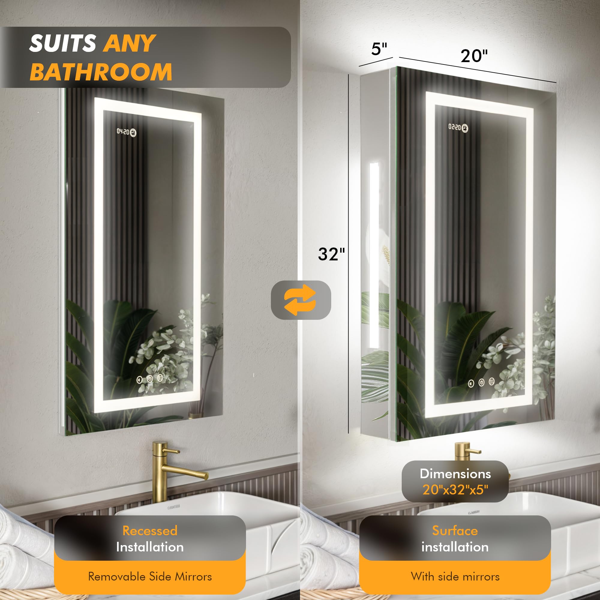 KRISTALLUM LED Lighted Medicine Cabinet Front & Backlit Dimmable Colours, Clock & Temp, USB Outlets (20 x 32inc)