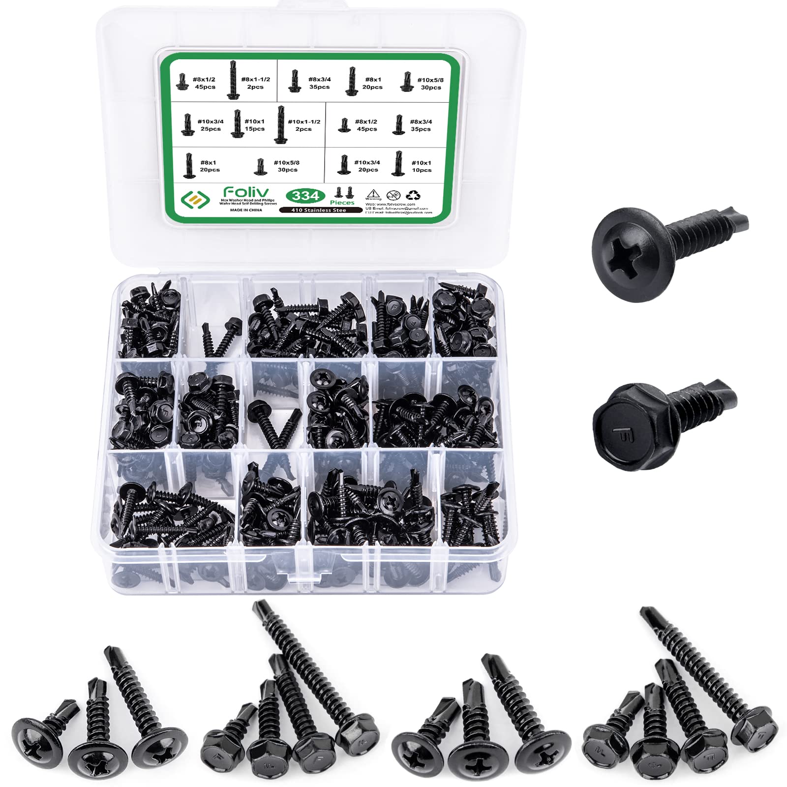 FOLIV 334PCS #8 & #10 Black Self Tapping Screws, 410 Stainless Steel Metal Assorted Screws Assortment Kit, Hex Washer Head & Modified Truss Head Black Oxide Self Drilling, 12 Different Sizes