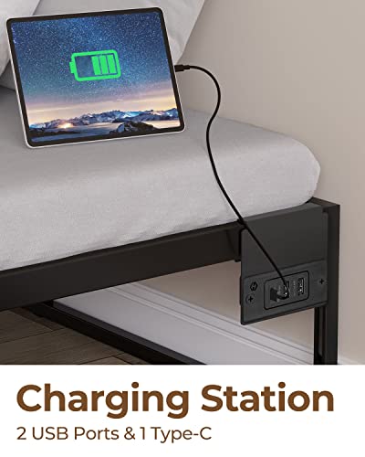 Rolanstar Bed Frame with USB Charging Station, Full Bed Frame with LED Lights, Platform Bed Frame with Heavy Duty Steel Slats, 14" Storage Space Beneath Bed