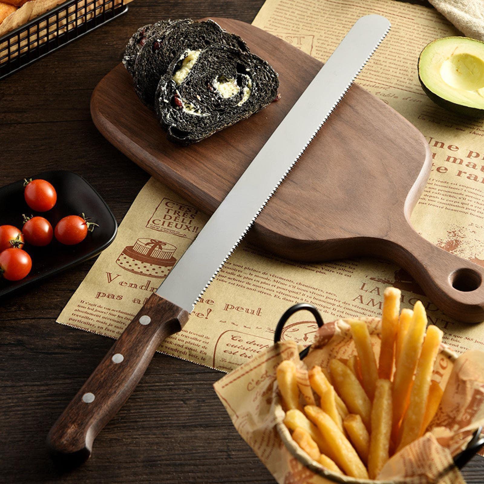 Miyabitors Stainless Steel Bread Knife Baking fine Tooth coarse Tooth Flat Tooth Cake Knife Toast Serrated Slicing Knife 12 inch [fine Teeth]