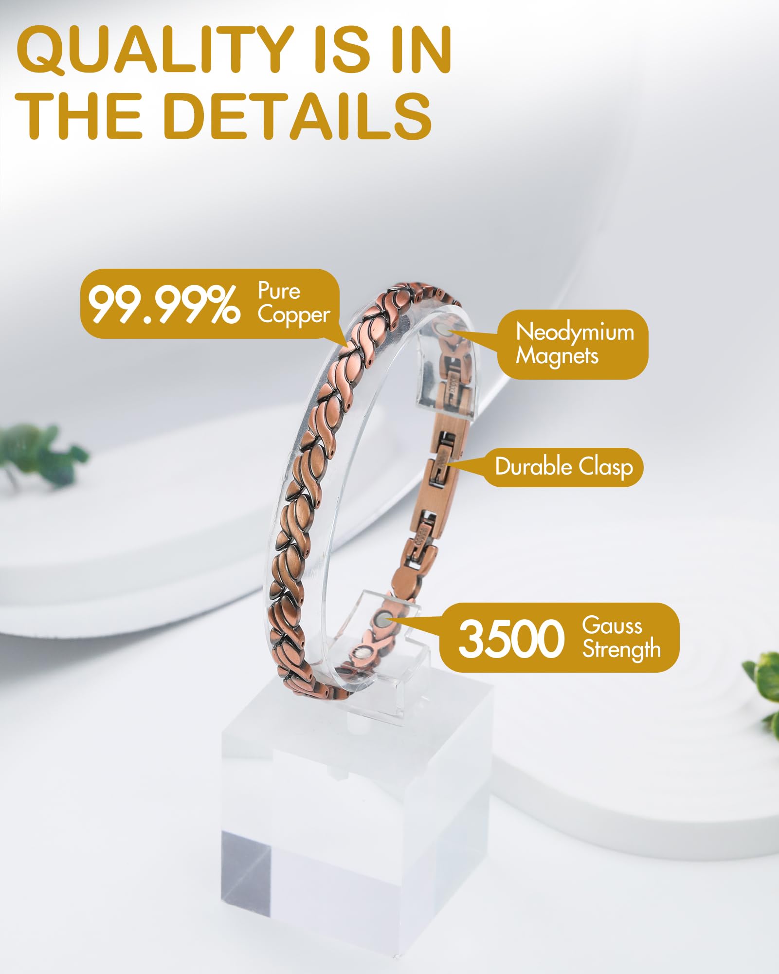 Feraco Copper Bracelets for Women, 99.99% Pure Copper Magnetic Bracelets with Effective Neodymium Magnets, Adjustable Jewelry Gift with Sizing Tool (Fishtail)