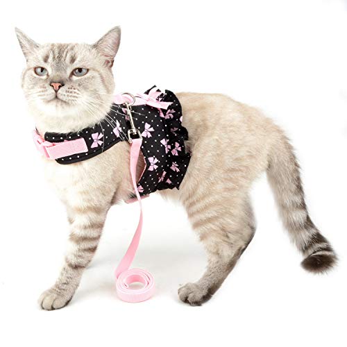 Zunea No Pull Small Dog Girl Harness Dress Escape Proof Cat Kitten Vest Harness Leash Set Step-in Soft Cotton Padded Polka Dot Jacket Chihuahua Puppy Clothes with Cute Bow for Walking Black M
