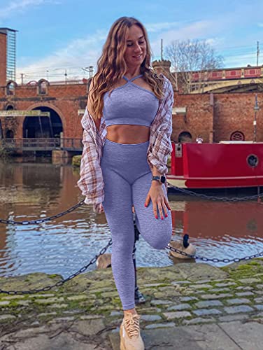 HYZ Women's Seamless Workout 2 Piece Outfits High Waist Legging Adjustable Strap Yoga Bra Sets Bluegrey