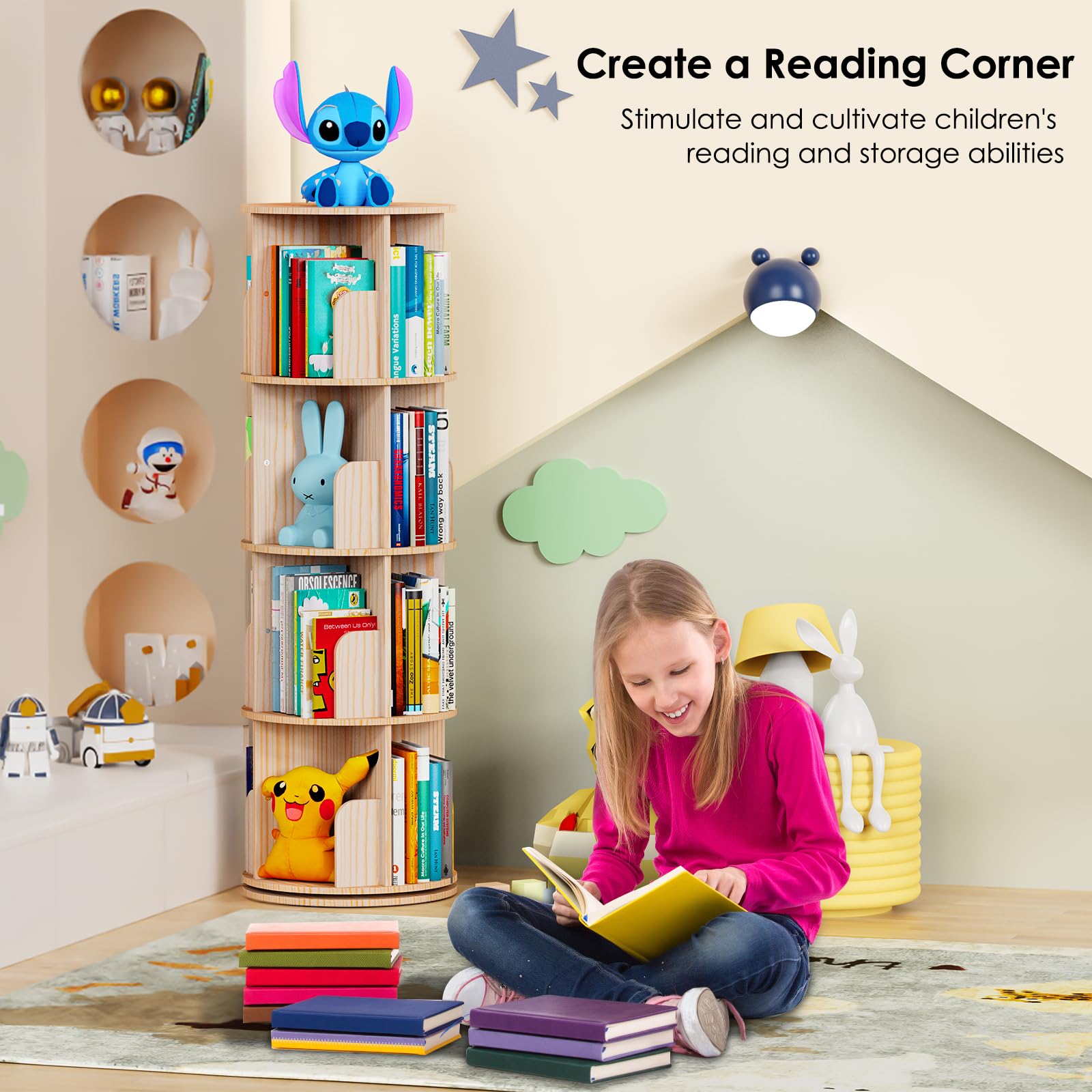 Moozerka Rotating Bookshelf, 4 Tier 360 Display Solid Wood Spinning Bookcase Storage Rack, Floor Standing Revolving Book Shelf Organizer for Adults&Kids