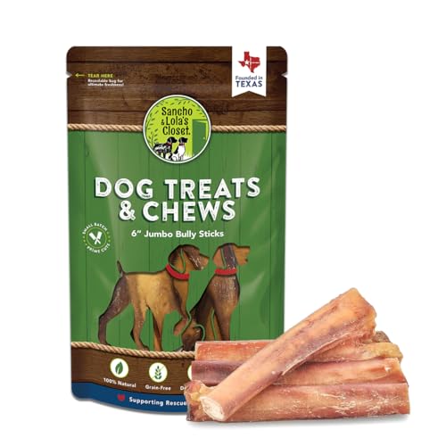 Sancho & Lola's 6-Inch Jumbo Bully Sticks for Dogs 5-Count - Grass-Fed Free-Range Grain-Free Beef Pizzle Dog Chews