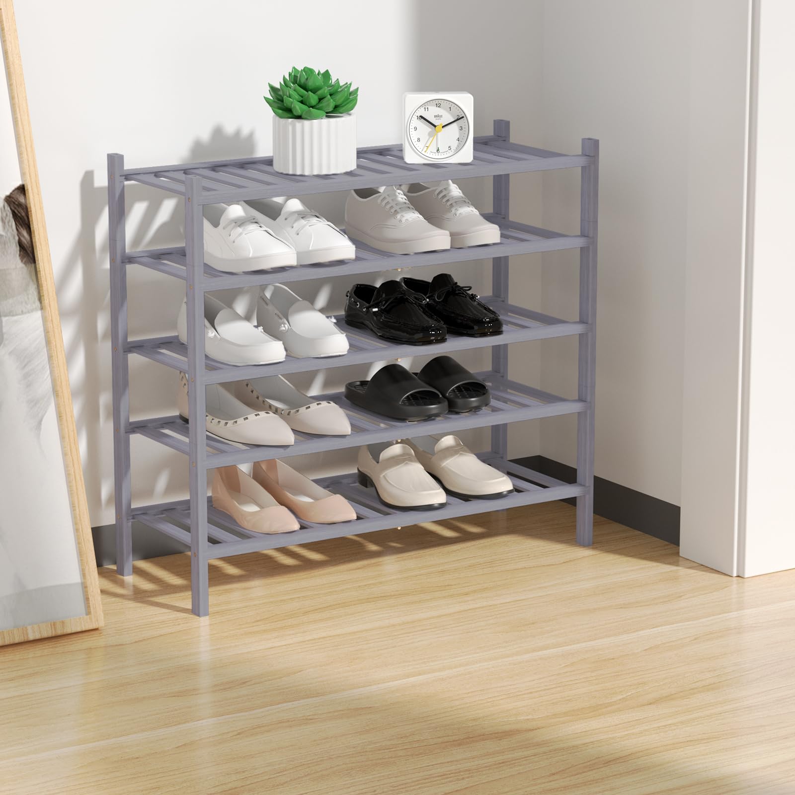 RONGJIA 5-Tier Natural Bamboo Shoe Rack - Stackable Storage Shelf with Multi-Function Combinations - Free Standing Shoe Racks for Convenient Shoe Organization(Gray) 11" D x 27" W x 35" H