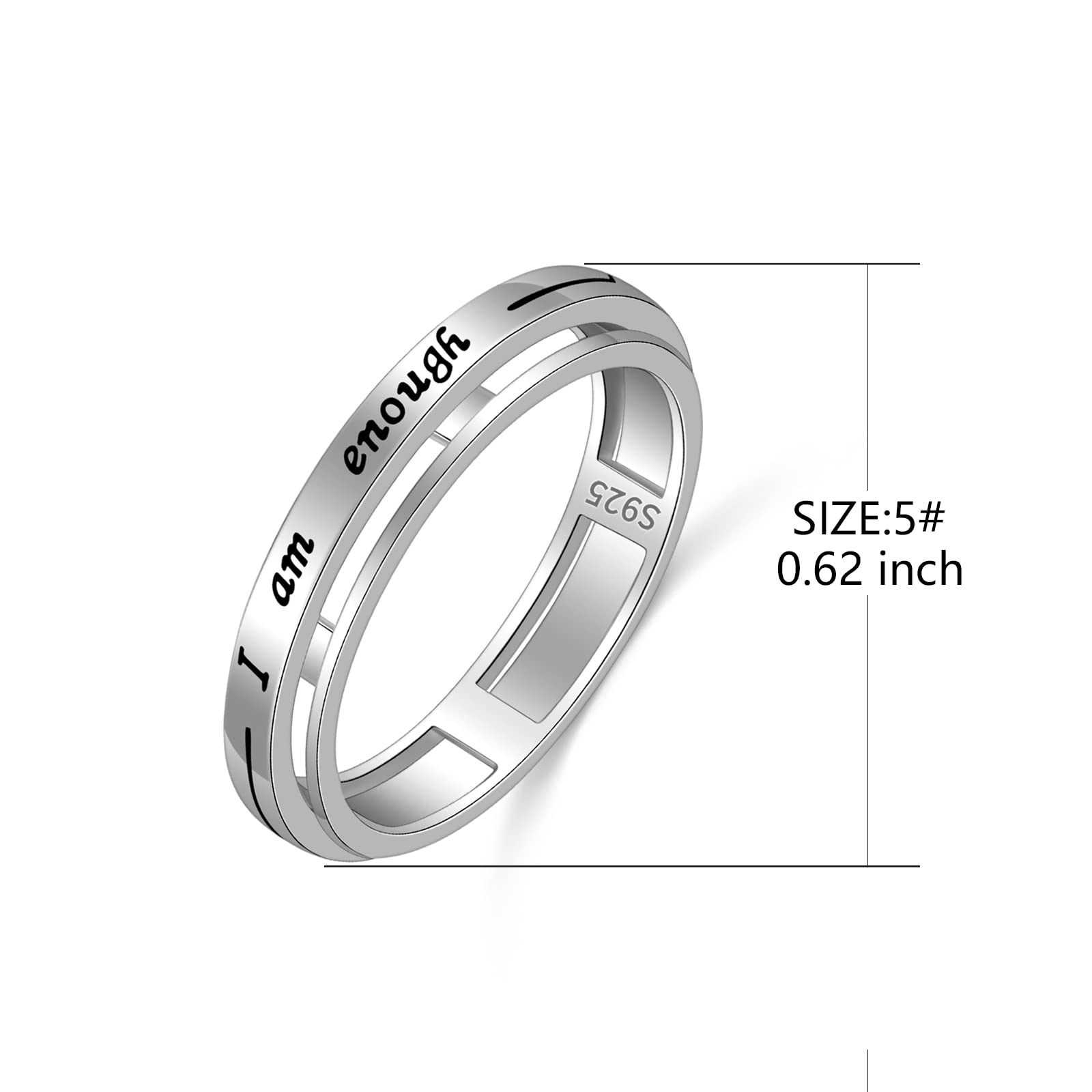 I am Enough Fidget Spinner Ring for Women 925 Sterling Silver Heart Beat Matching Engagement Promise Dainty Anxiety Rings, US Size 8