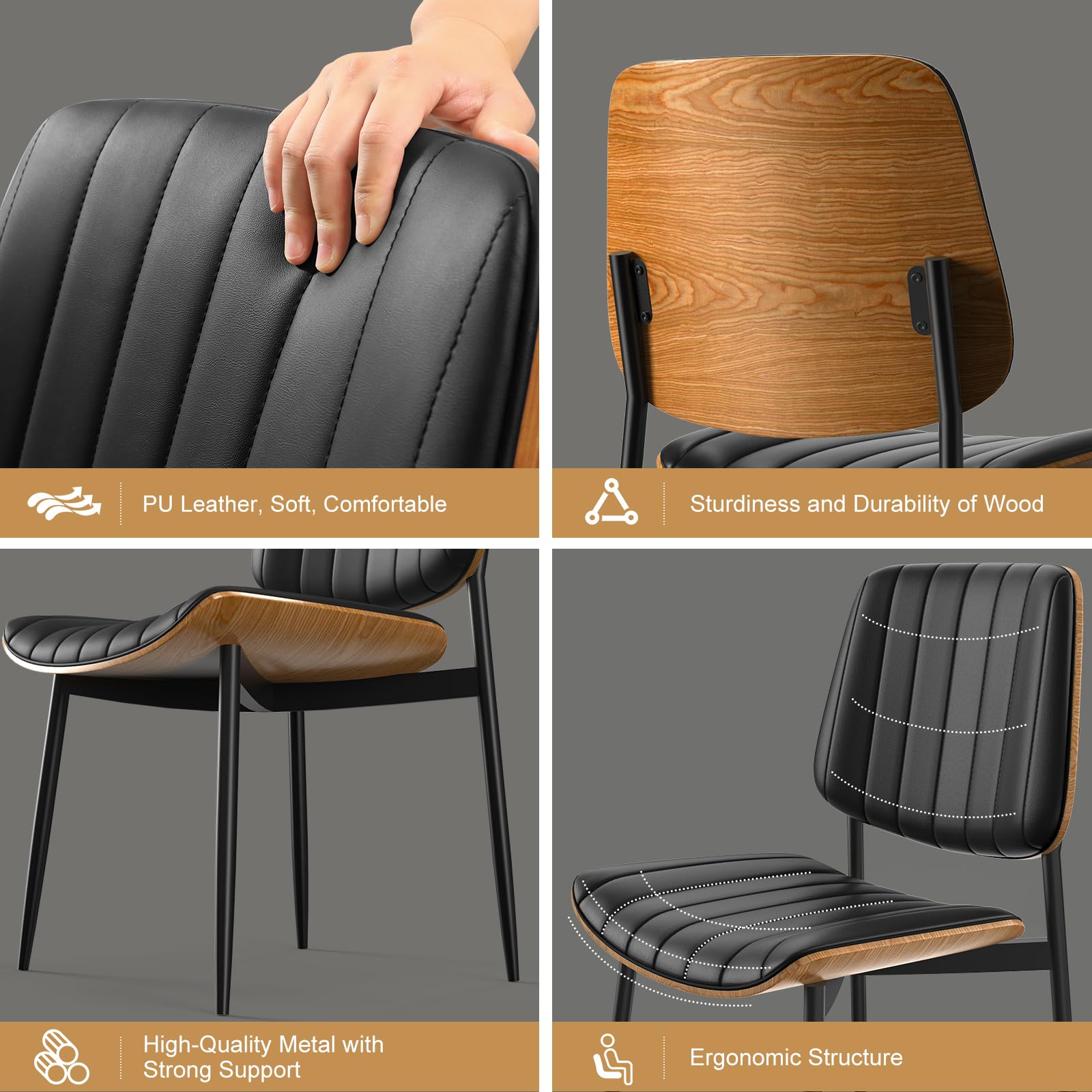 Madaha Dining Chairs Set of 4, Mid Century Modern Chairs with Stitching and Metal Legs, Leather Dining Room Chairs Bentwood Upholstered Kitchen & Dining Room Chairs, Black
