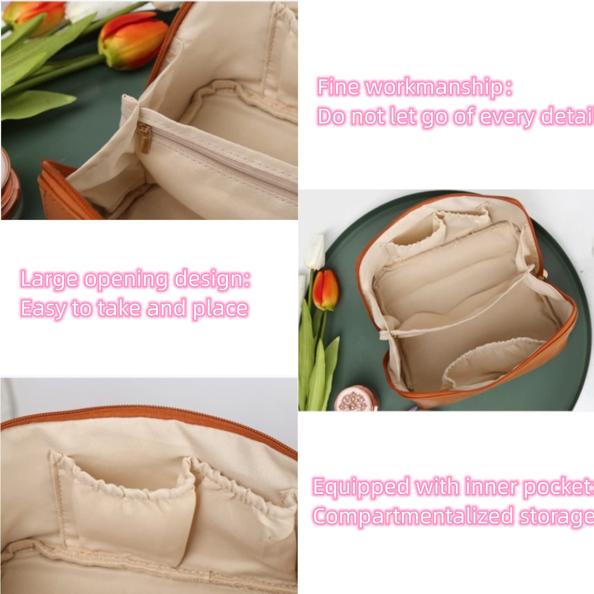 KMUG Large Capacity Travel Cosmetic Bag for Women, Multifunctional Storage Makeup Bag, Waterproof Pu Leather Compartment Cosmetic Cases with Handle and Divider Portable Makeup Pouch (Brown)