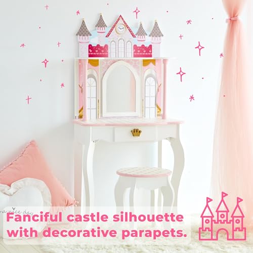 Teamson Kids Dreamland Princess Play Vanity Set with Mirror, Shelf, Storage Drawer, Stool, and Accessories for 12" Dolls, White an Pink