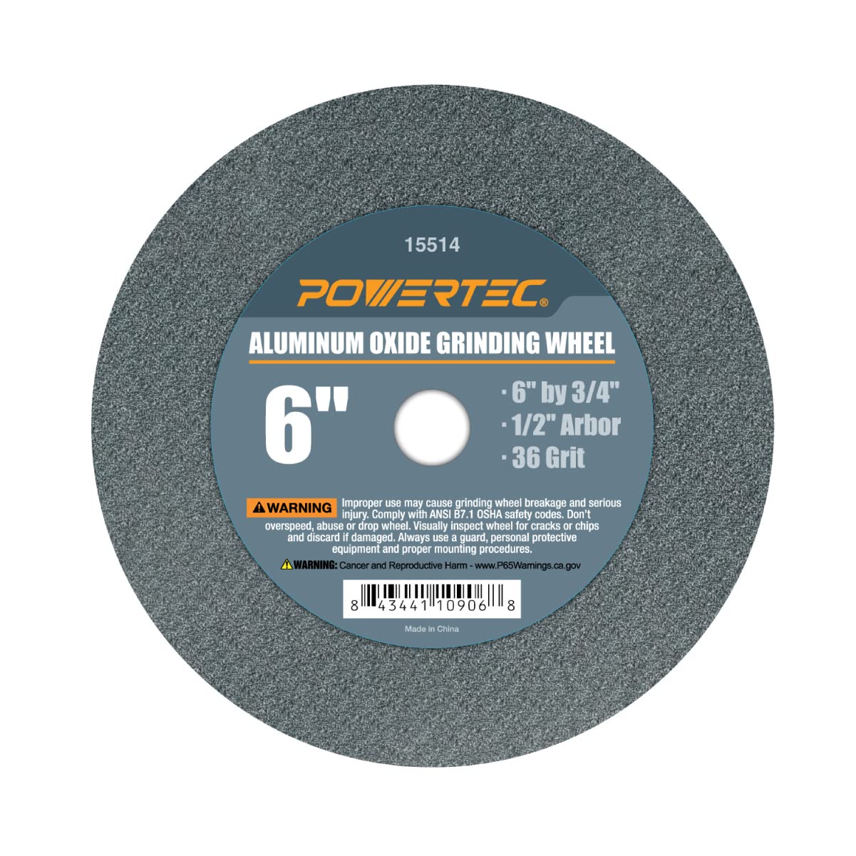 POWERTEC Bench Grinder Wheel 6 Inch 36 Grit, Aluminum Oxide Grinding Wheel for Bench Pedestal Grinder, 3/4" Thick 1/2" Arbor, Sharpening & Shaping Drill Bits, Blade, and Chisel 1PK (15514)