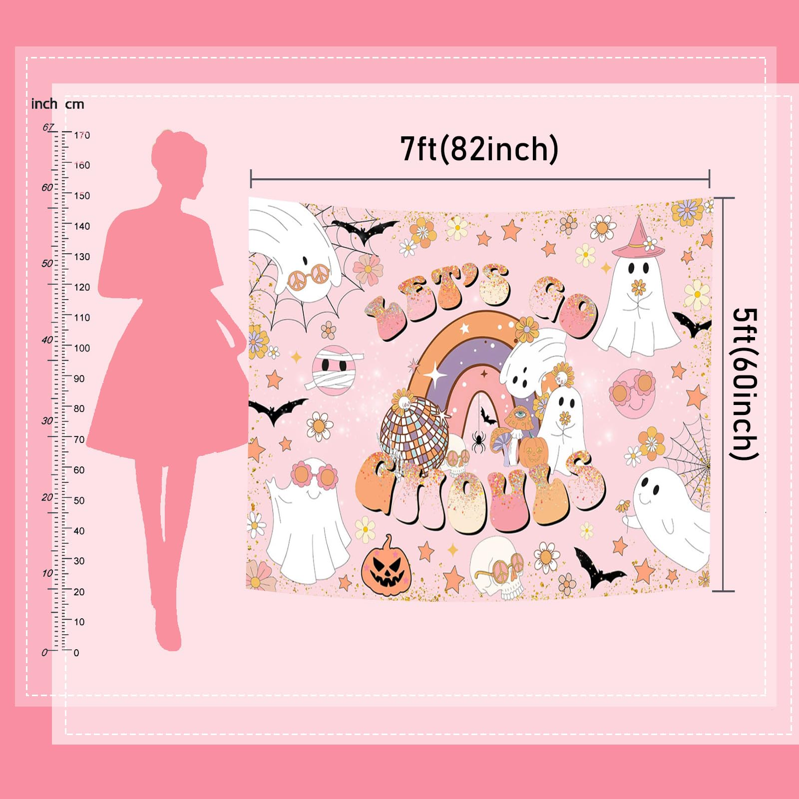 Mocsicka Halloween Bachelorette Party Backdrop Let's Go Ghouls Bridal Shower Party Decorations Retro Groovy Hippie Ghost Boo Wedding Engagement Cake Table Banner (Pink, 8x6ft(96''x72''))