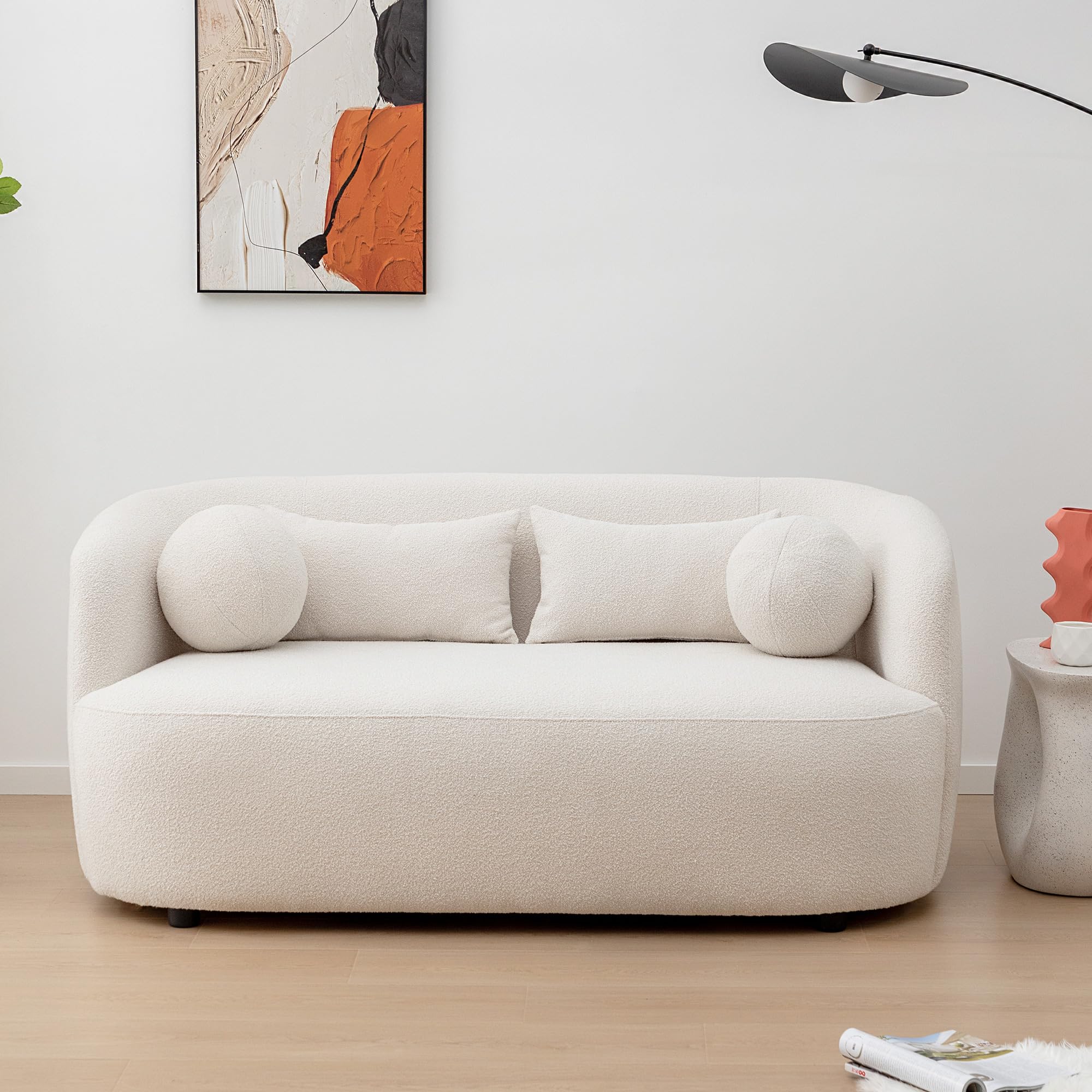 KINWELL 85-Inches Boucle Upholstered Sofa, 3 Deeper Seat loveseat Sherpa Couch with 5 Toss Pillows for Living Room, Beige