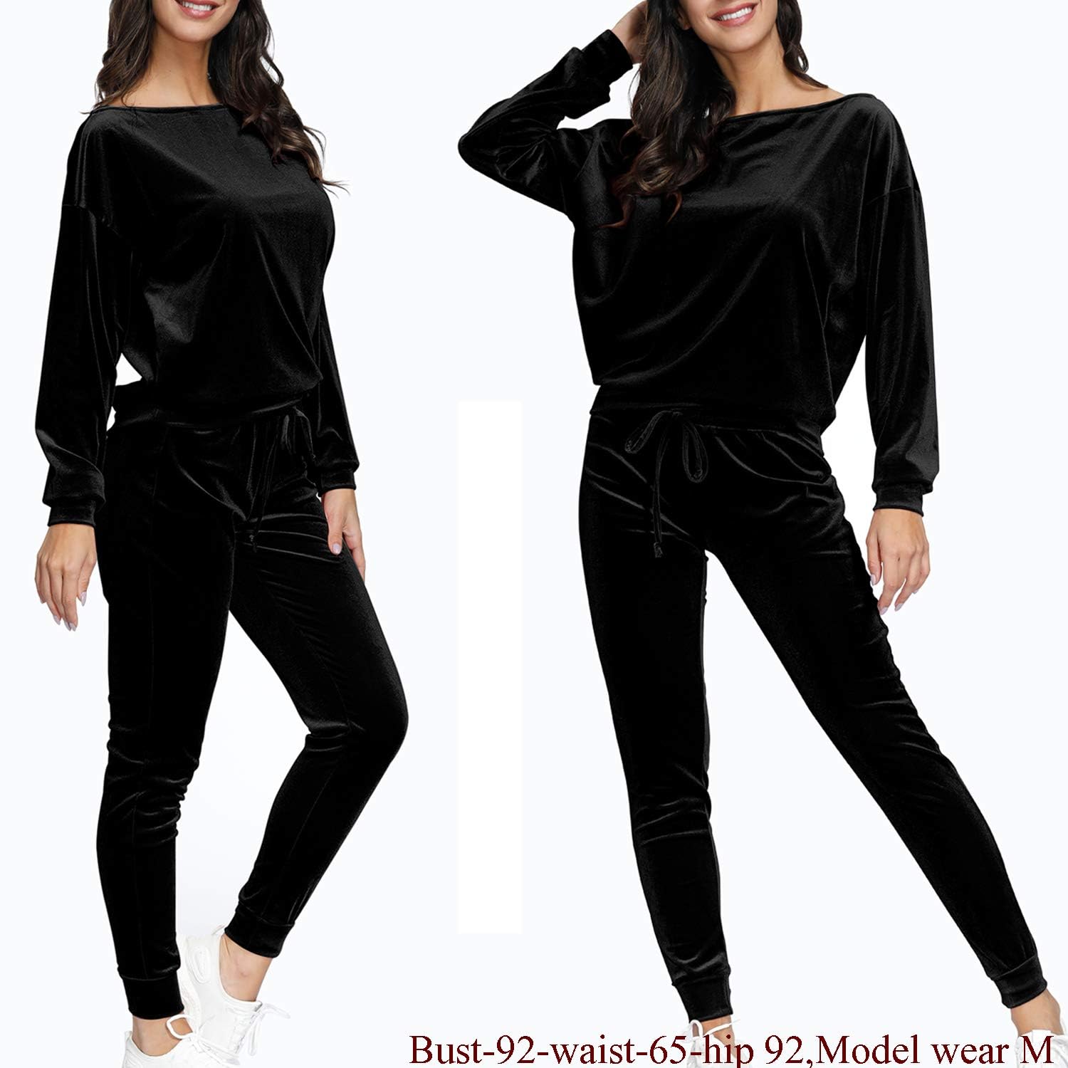 Fixmatti Women Velour off Shoulder Sweatshirts Long Pantsuit Jogger Sweatsuits M Black