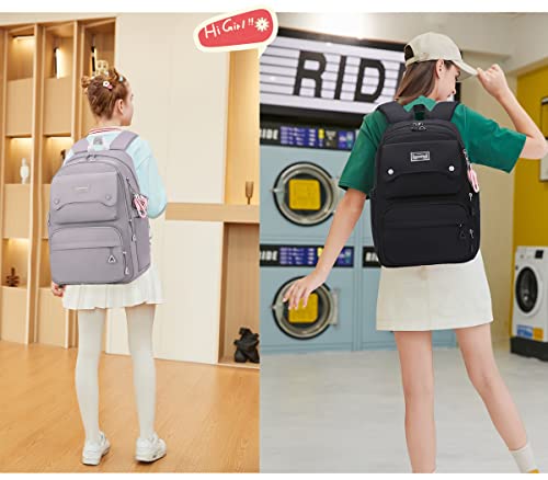 Solid Color School-Bags Black Backpacks for Teens Girls, Multi-pocket Elementary Girls Bookbags,Lightweight Casual Daypack