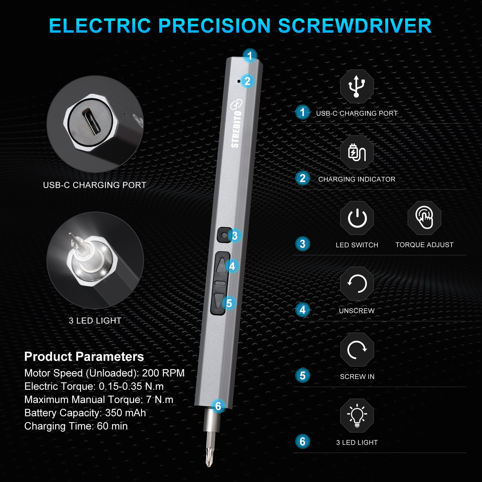 STREBITO Mini Electric Screwdriver Set, 36 in 1 Electric Precision Screwdriver Small Electric Screwdriver Kit, S2 Steel, Rechargeable Battery, 2 Torque Settings, Micro Power Screwdriver Cordless