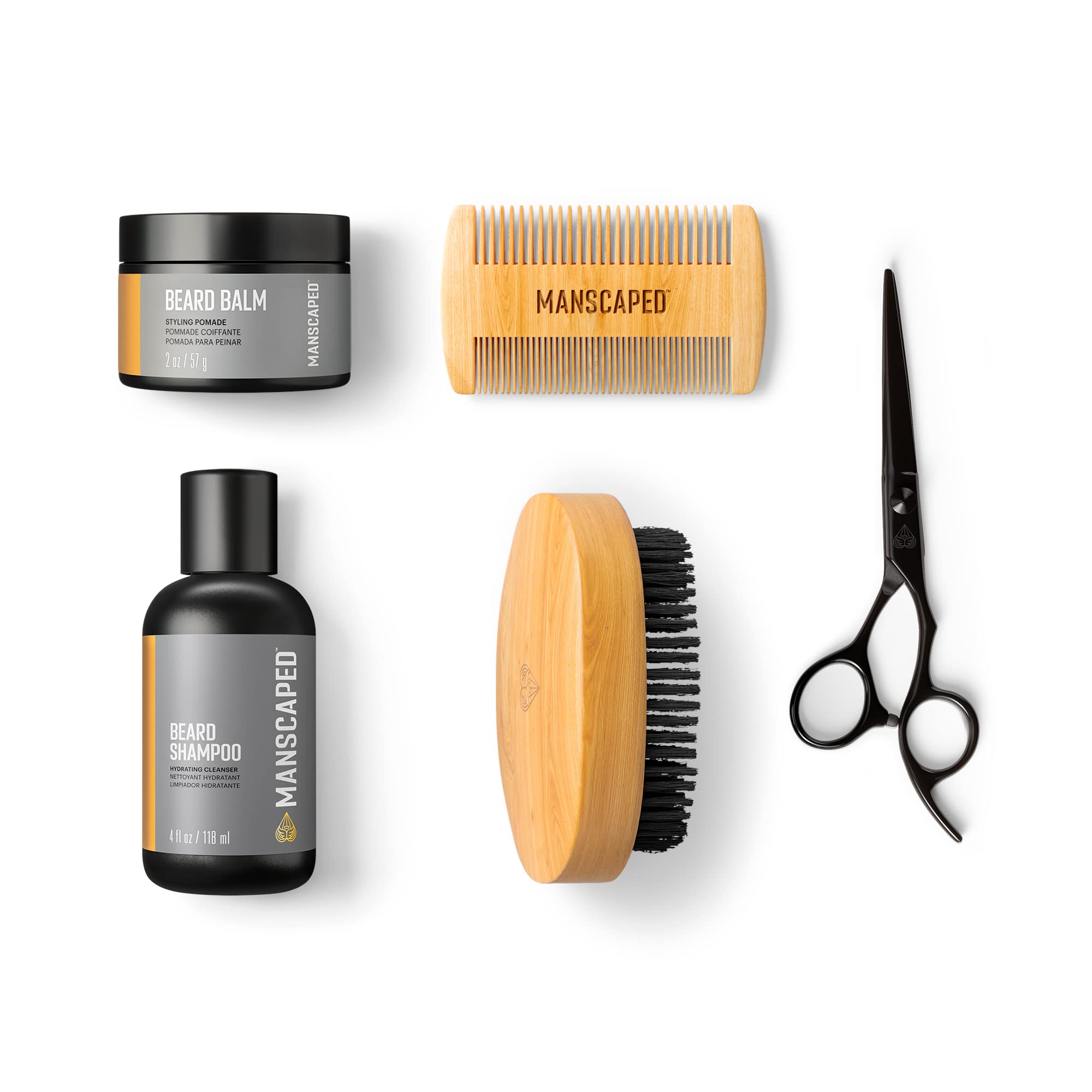 MANSCAPEDĀ® Beard Care Kit Includes UltraPremium Moisturizing Beard Shampoo & Balm, Soft Brush, Comb & Precision Scissors for Grooming & Trimming Facial Hair