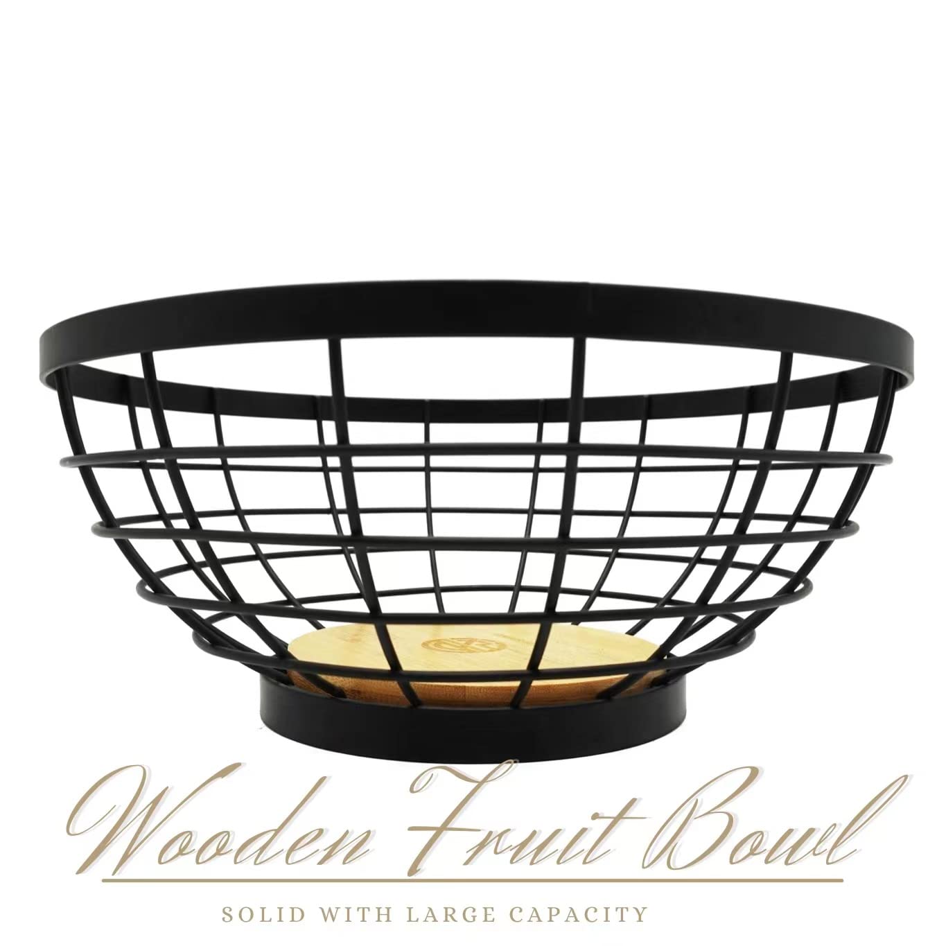 Large Wooden Fruit Bowl for Kitchen Countertop & Dining Room, Decorative Wooden Wire Basket for Living Room- ShinYik Japanese Zakka Style with Bamboo Wood and Rust Resistance Black Iron