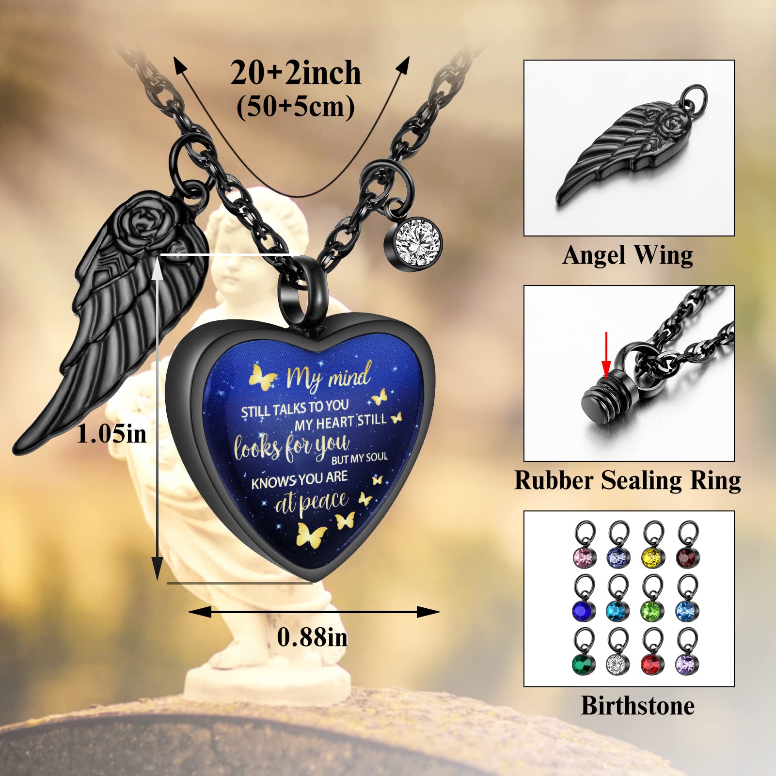 Dletay Heart Urn Necklace for Ashes Birthstones Cremation Jewelry for Ashes Butterflies Ash Necklace Memorial Ash Holder