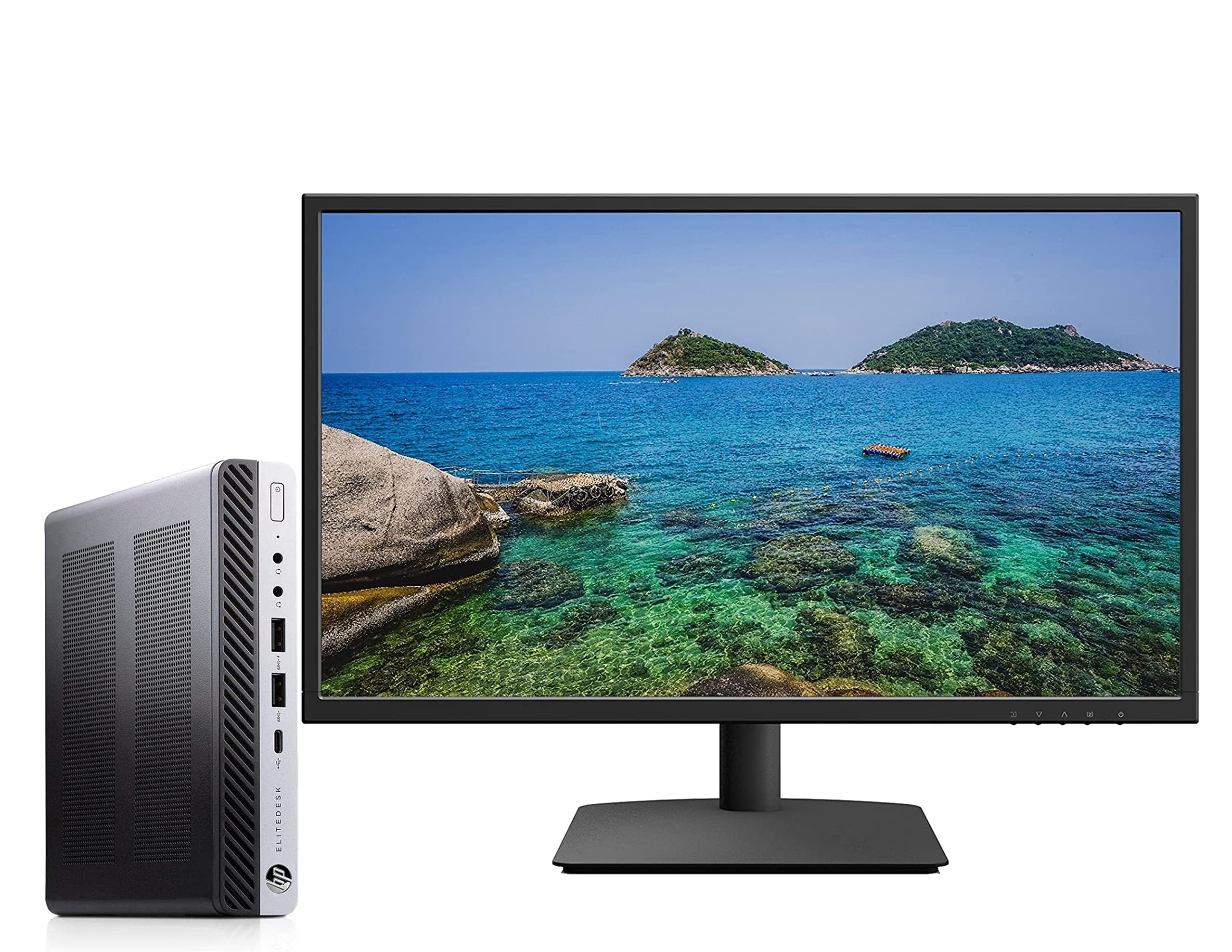 HP Elitedesk 800 G4 Mini Business Desktop (Intel Quad Core i5-8500T, 16GB DDR4 RAM, 256GB NVME Type-C, DisplayPort, WiFi, Ethernet, Kbd+Mou, Windows 11 Pro 64-bit, 24" LCD with AIO Stand … (Renewed)