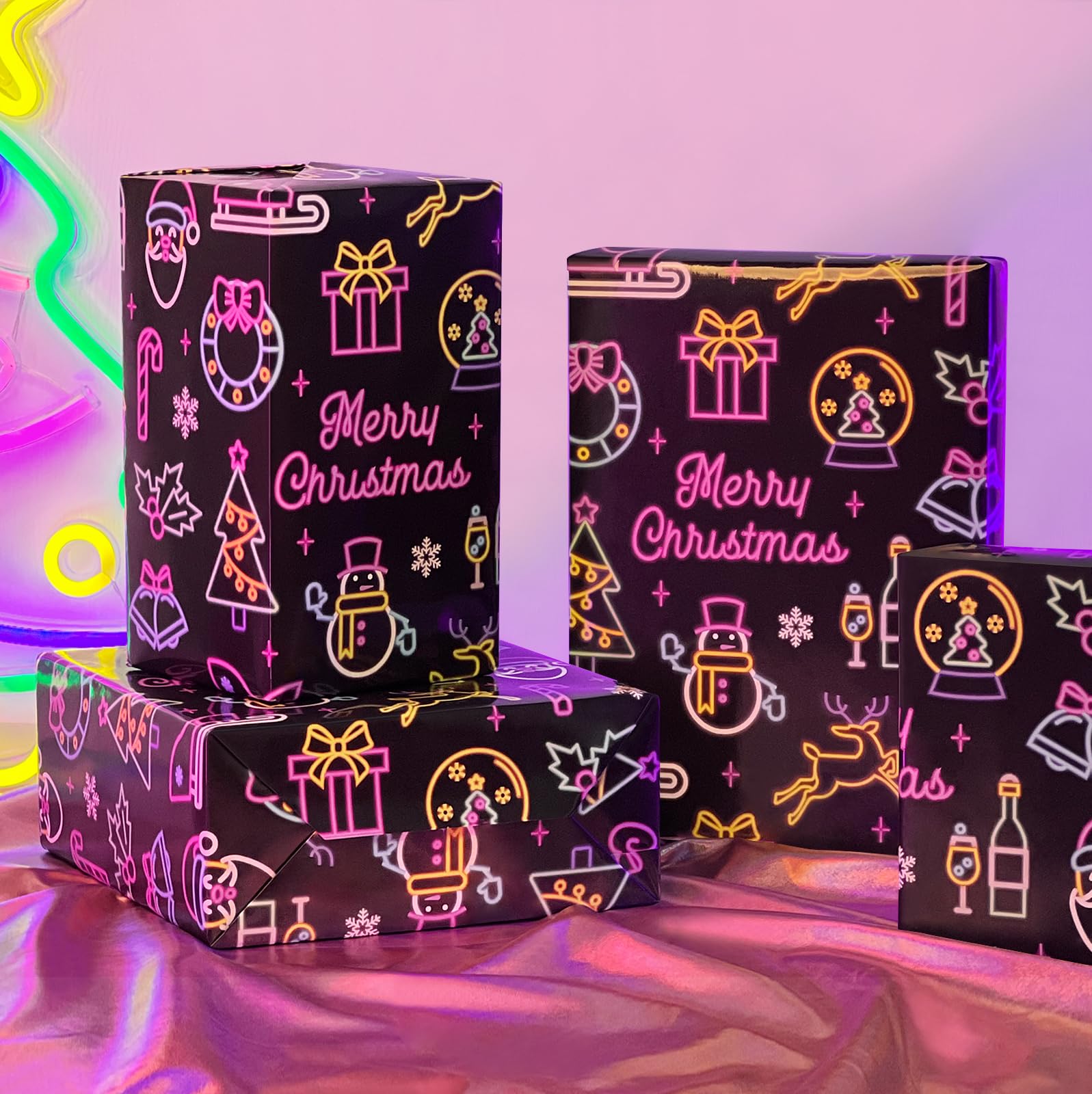 EWES Christmas Wrapping Paper Set 5 Rolls sheets 17x40 Inch Thick Black Pink For Gift Wrap Bundle Plaid Santa Claus Tree Funny Cute Kids Girls Boys Fun