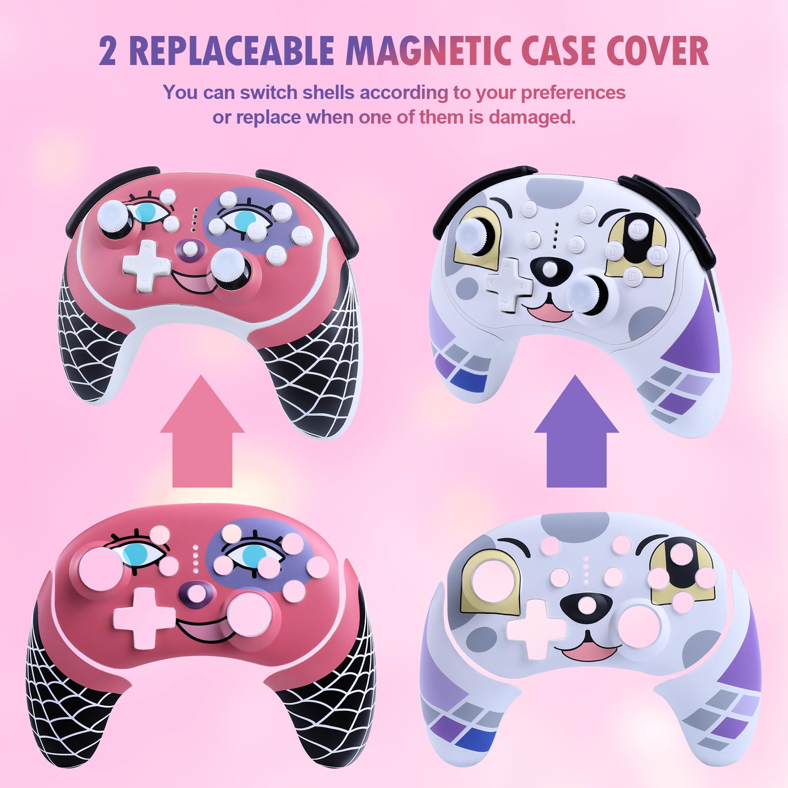 KINGEAR Wireless Switch Controller, Cute Dog Switch Pro Controller for Switch/Lite/OLED, Gaming Controller Gamepad with Wake-up,Dual Vibration,Gyro Axis,Turbo & Programmable Function,2 DIY Magnetic Replacement Cover(Purple+Pink)